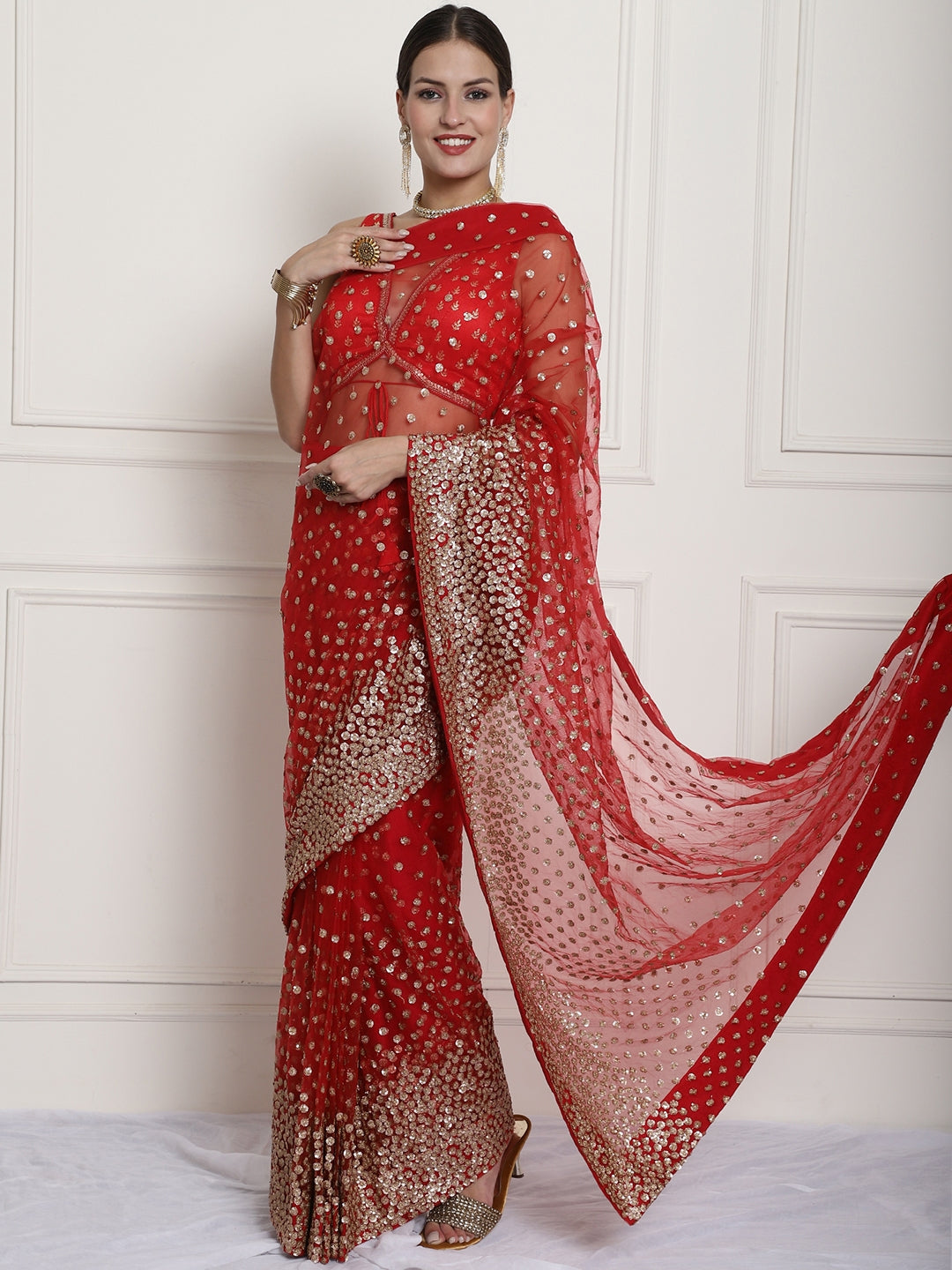 Bridal Ravishing Red Sequin Embroidered Net Readymade Saree – anokherang