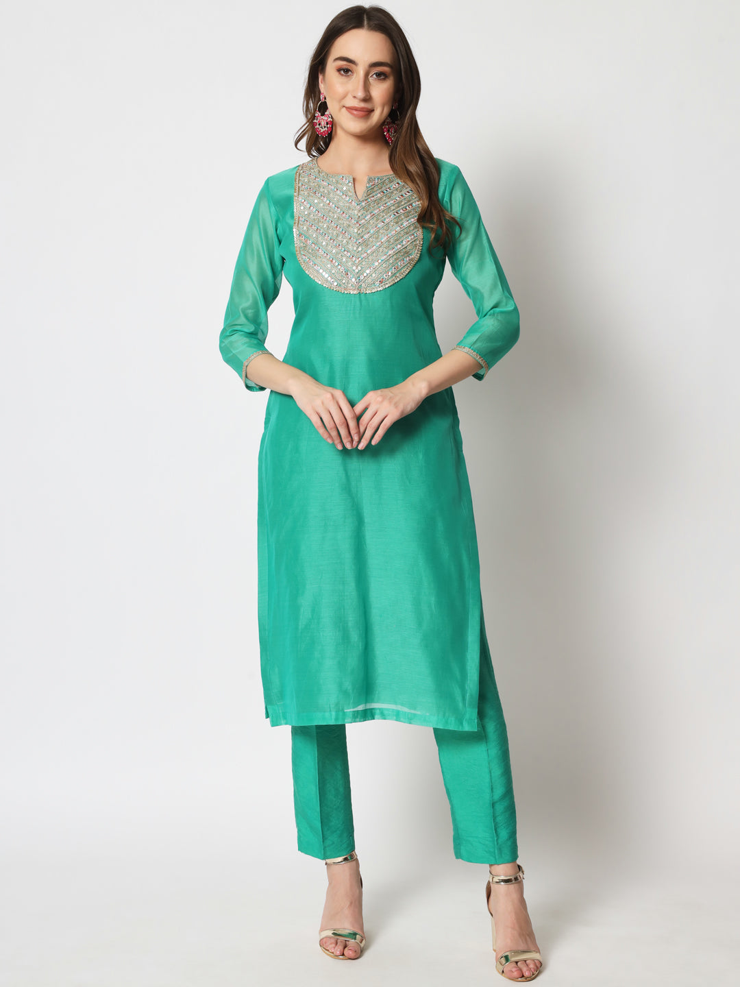 Cyan Green Embroidered Straight Kurti with Straight Pants – anokherang