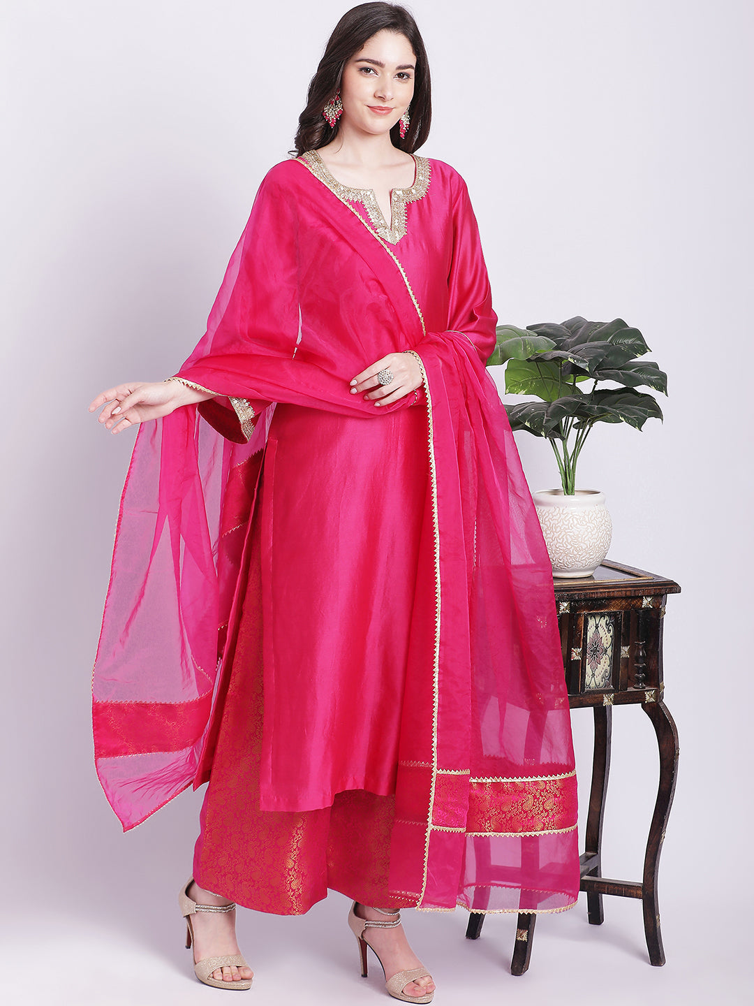 Raani Pink Chanderi Kurti with Palazzo and Organza Dupatta – anokherang