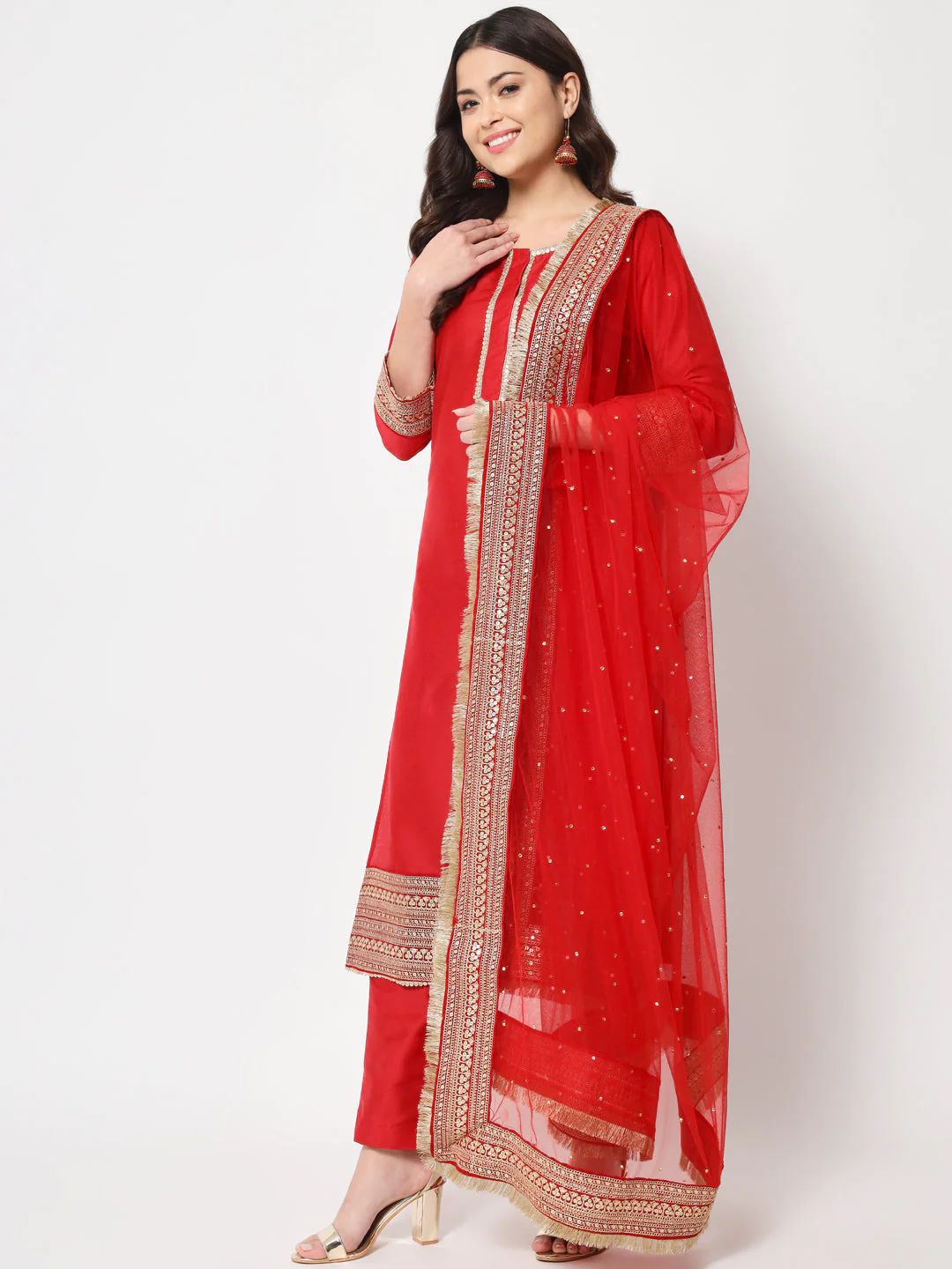 Bridal Queen Red Stone Embroidered Fringed Net Dupatta – anokherang