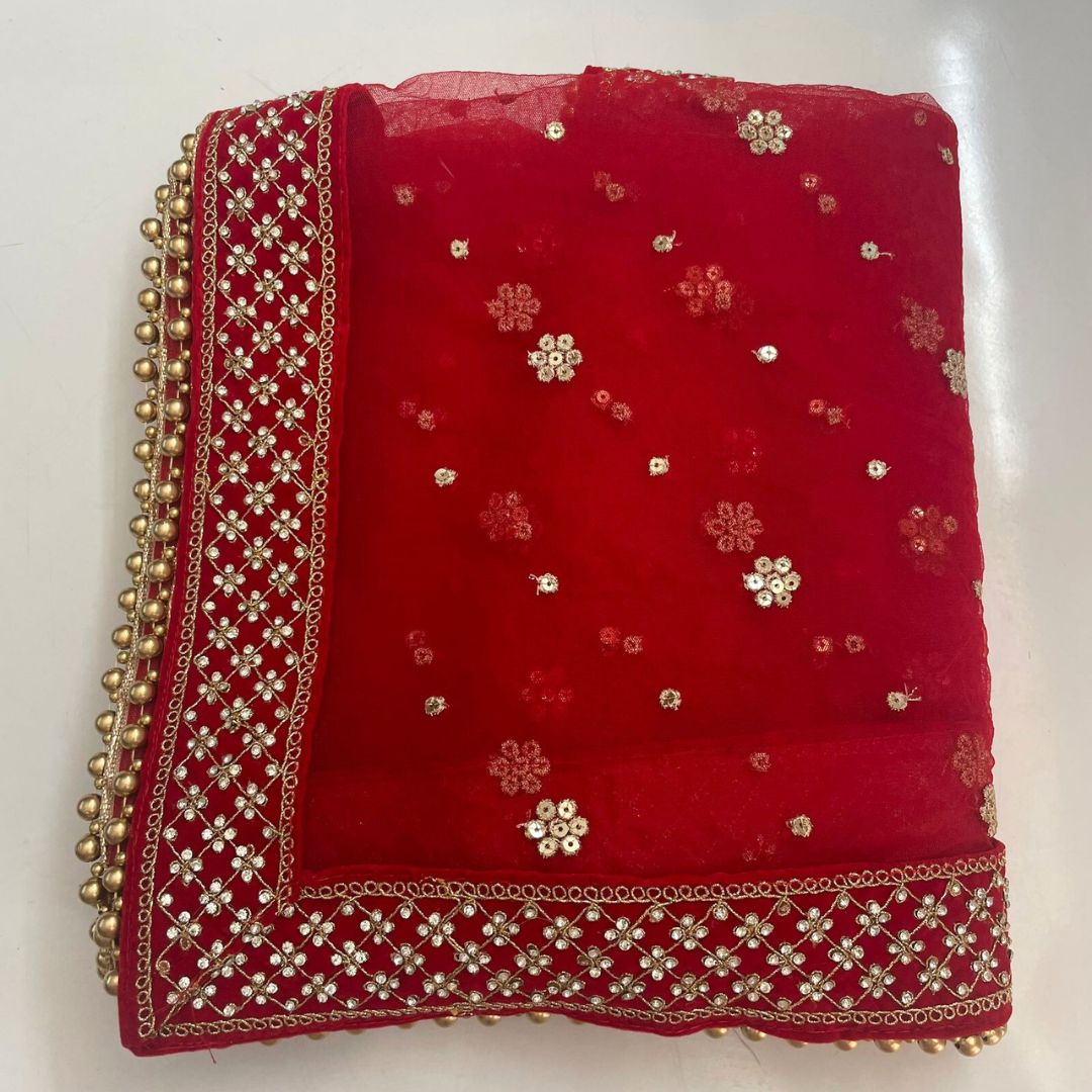 Bridal Red Jewel Embroidered Sequin Net Dupatta – anokherang
