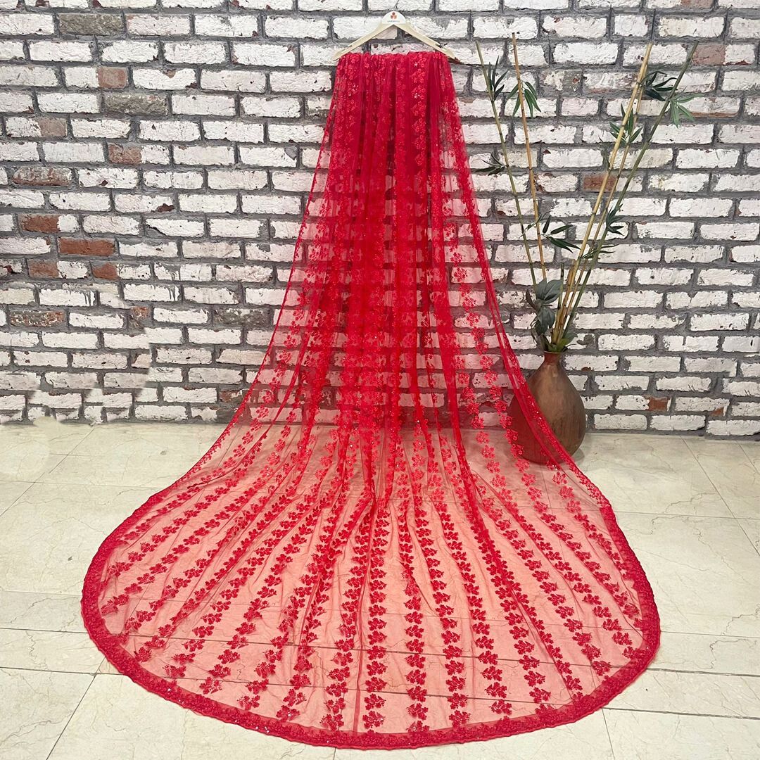 Bridal Red Trail All Over Embroidered Net Dupatta – anokherang