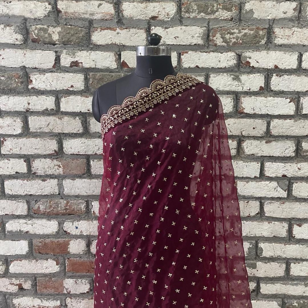 Bridal Shagun Maroon Sequin Organza Scalloped Dupatta – anokherang