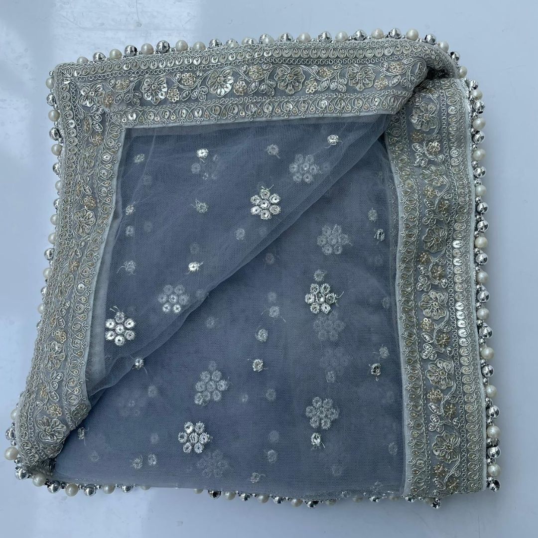 Bridal Tara Grey Silver Embroidered Net Sequin Dupatta – anokherang