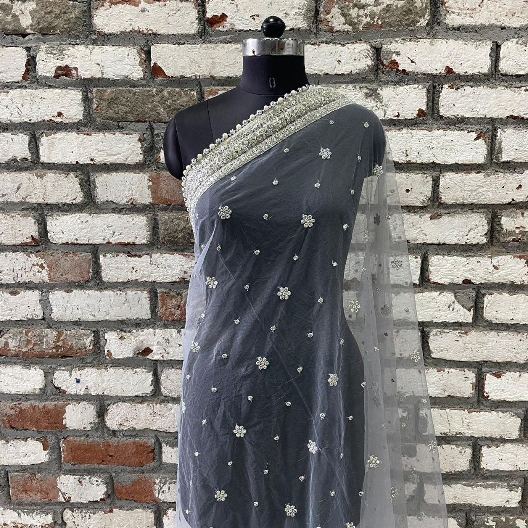 Bridal Tara Grey Silver Embroidered Net Sequin Dupatta – anokherang