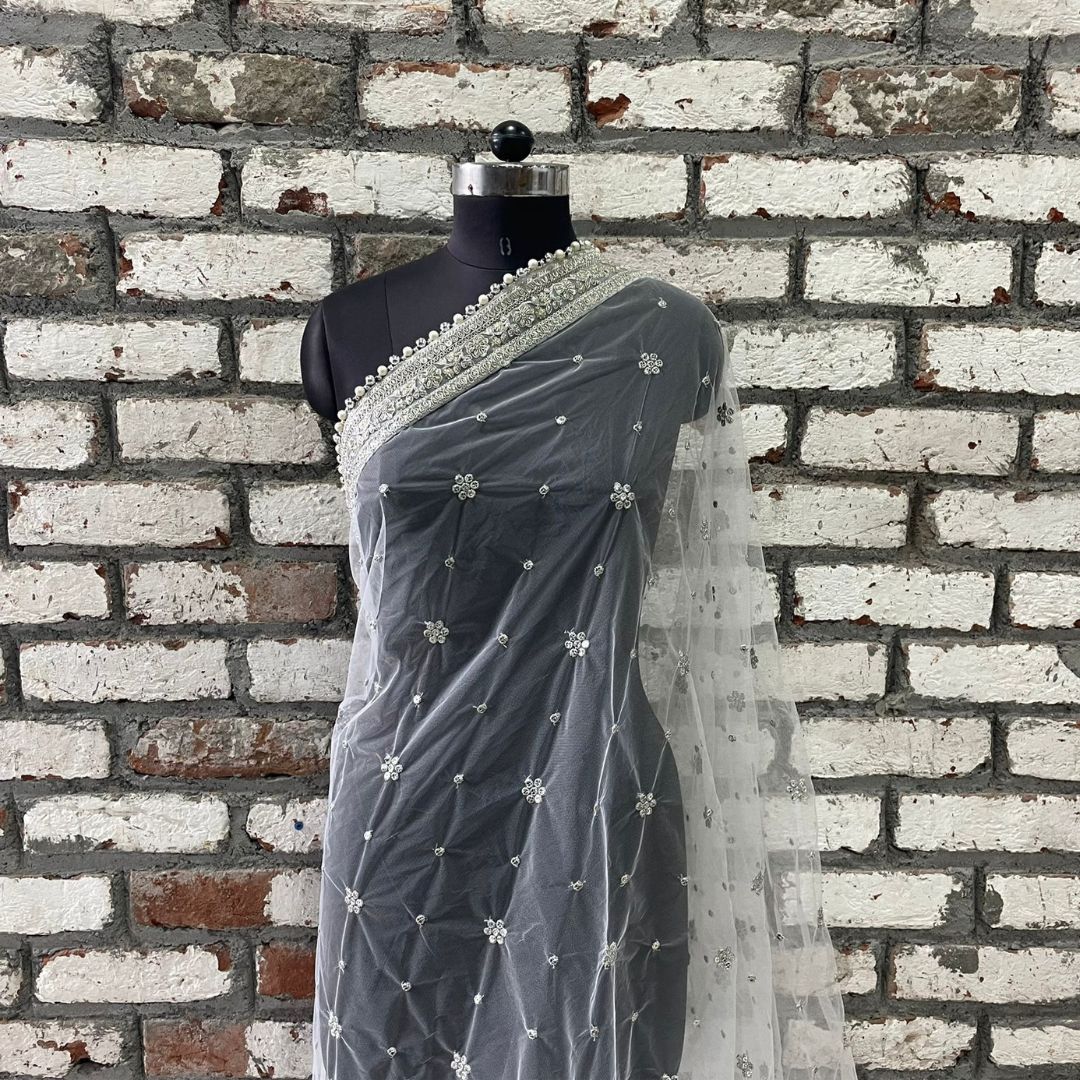 Bridal Tara Ivory Silver Embroidered Net Sequin Dupatta – anokherang