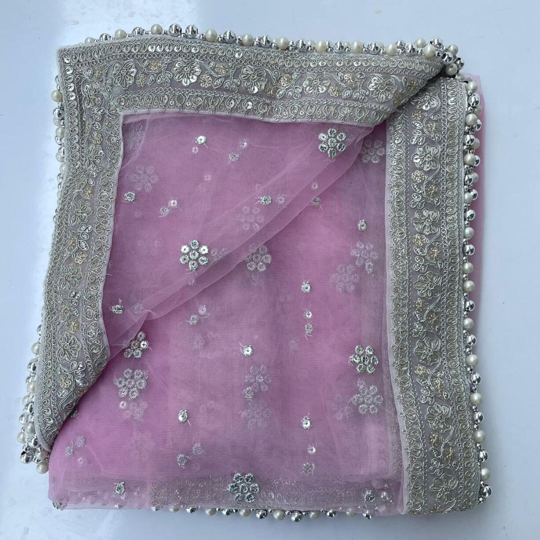 Bridal Tara Pink Silver Embroidered Net Sequin Dupatta – anokherang