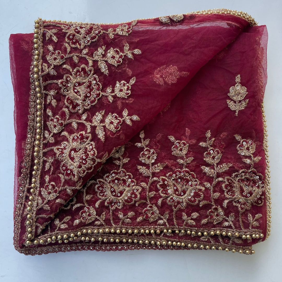 Maroon and Gold Thread Net Sequenced Dupatta – anokherang