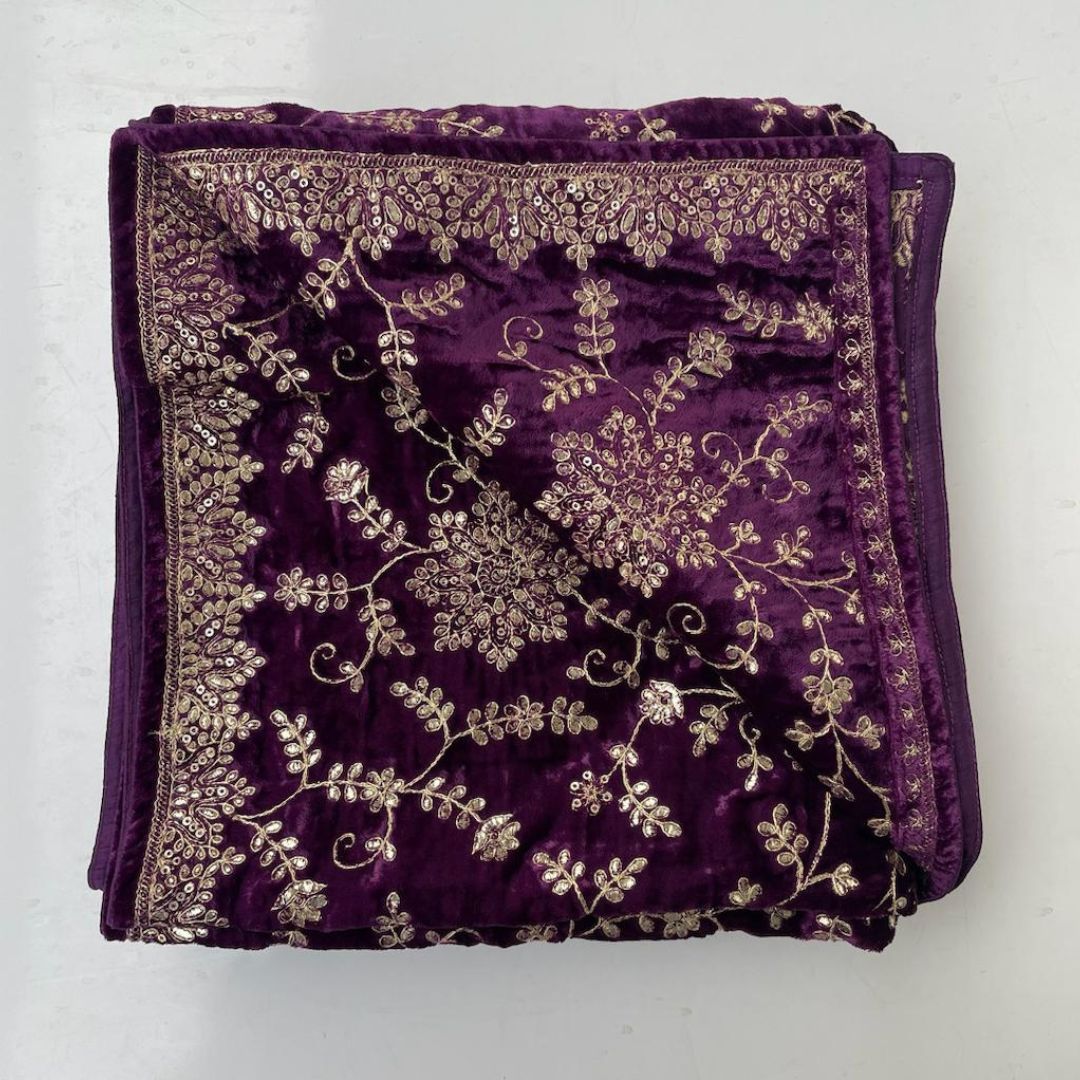 Purple Floral Grace Sequin Zari Embroidered Velvet Dupatta – anokherang