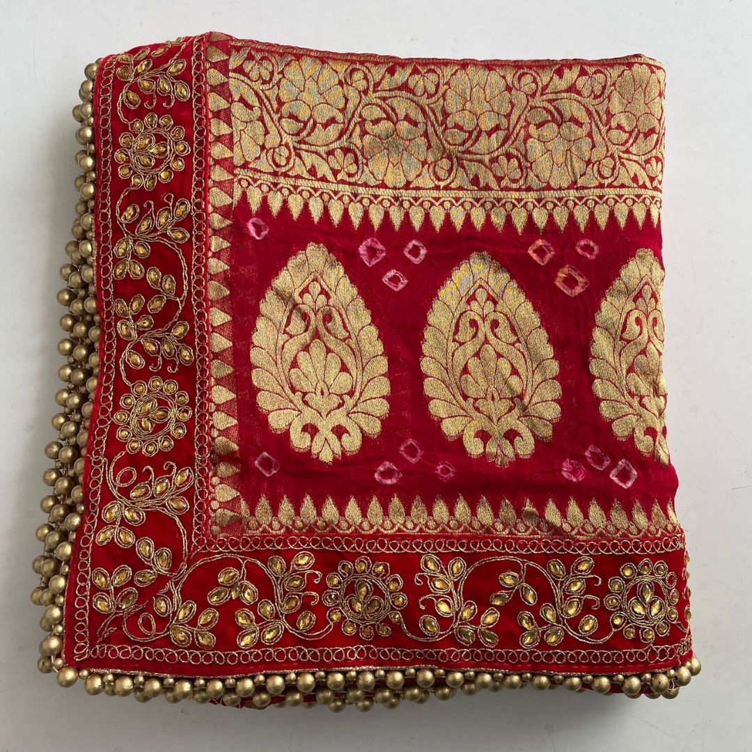 Traditional Bridal Red Banarsi Kundan Dupatta – anokherang