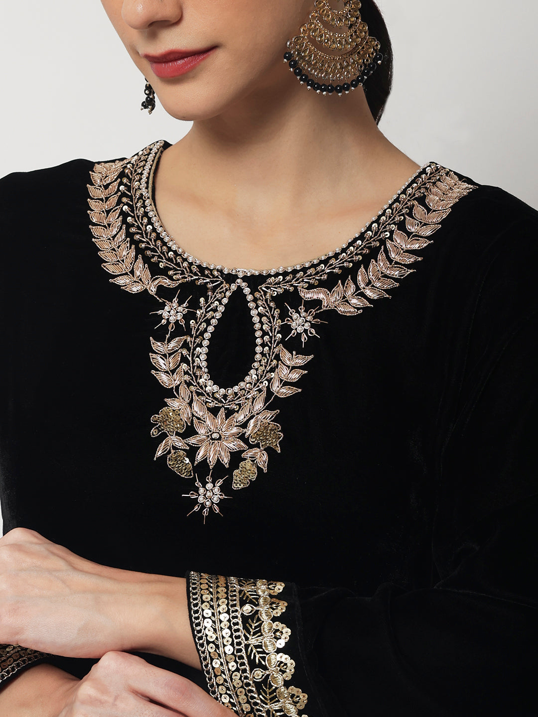Black Jewel Embroidered Velvet Kurti with Salwar and Net Dupatta ...