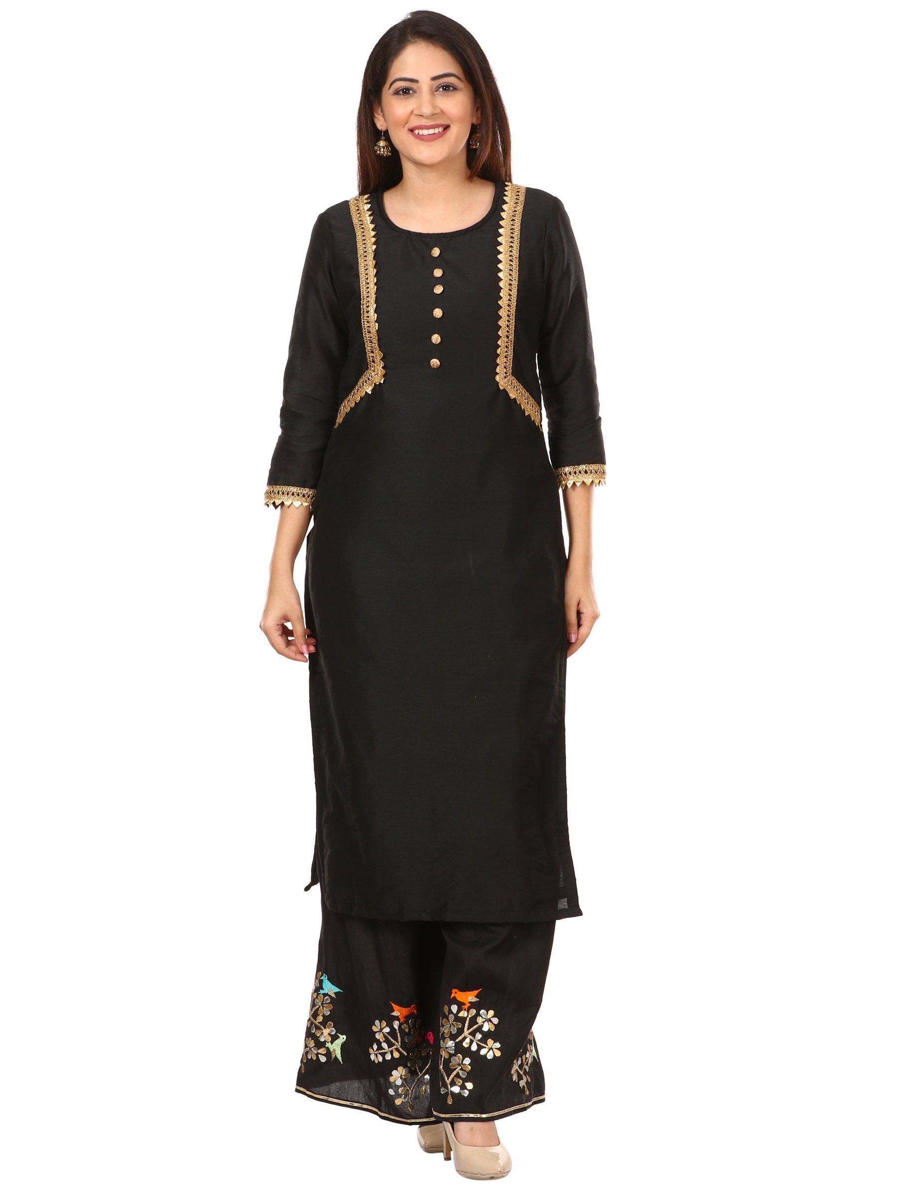 Black Silk Jacket Style Kurti with Embroidered Birds Gotta Palazzo ...