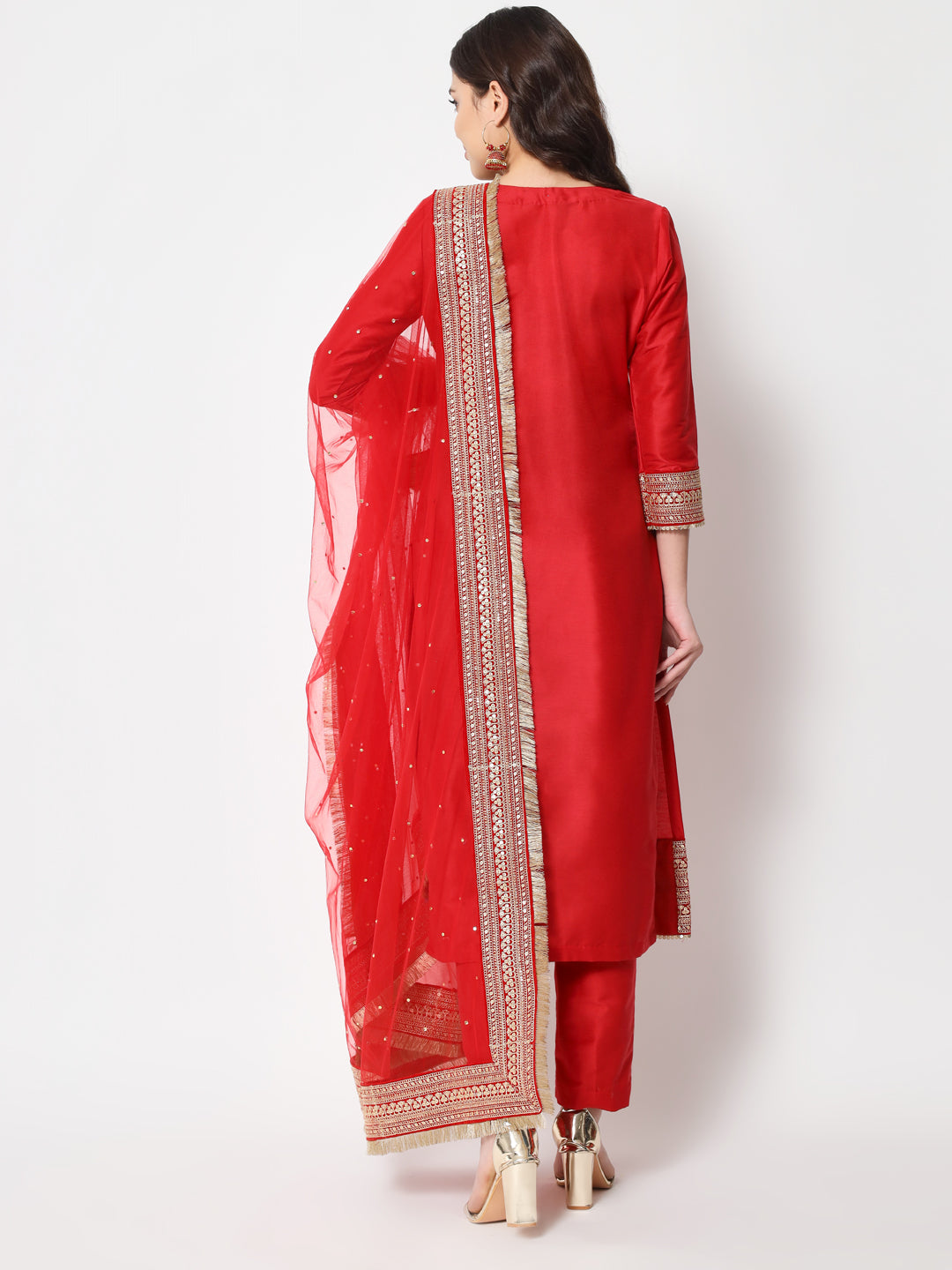 Traditional Bridal Red Embroidered Straight Kurti with Pants and Net S ...