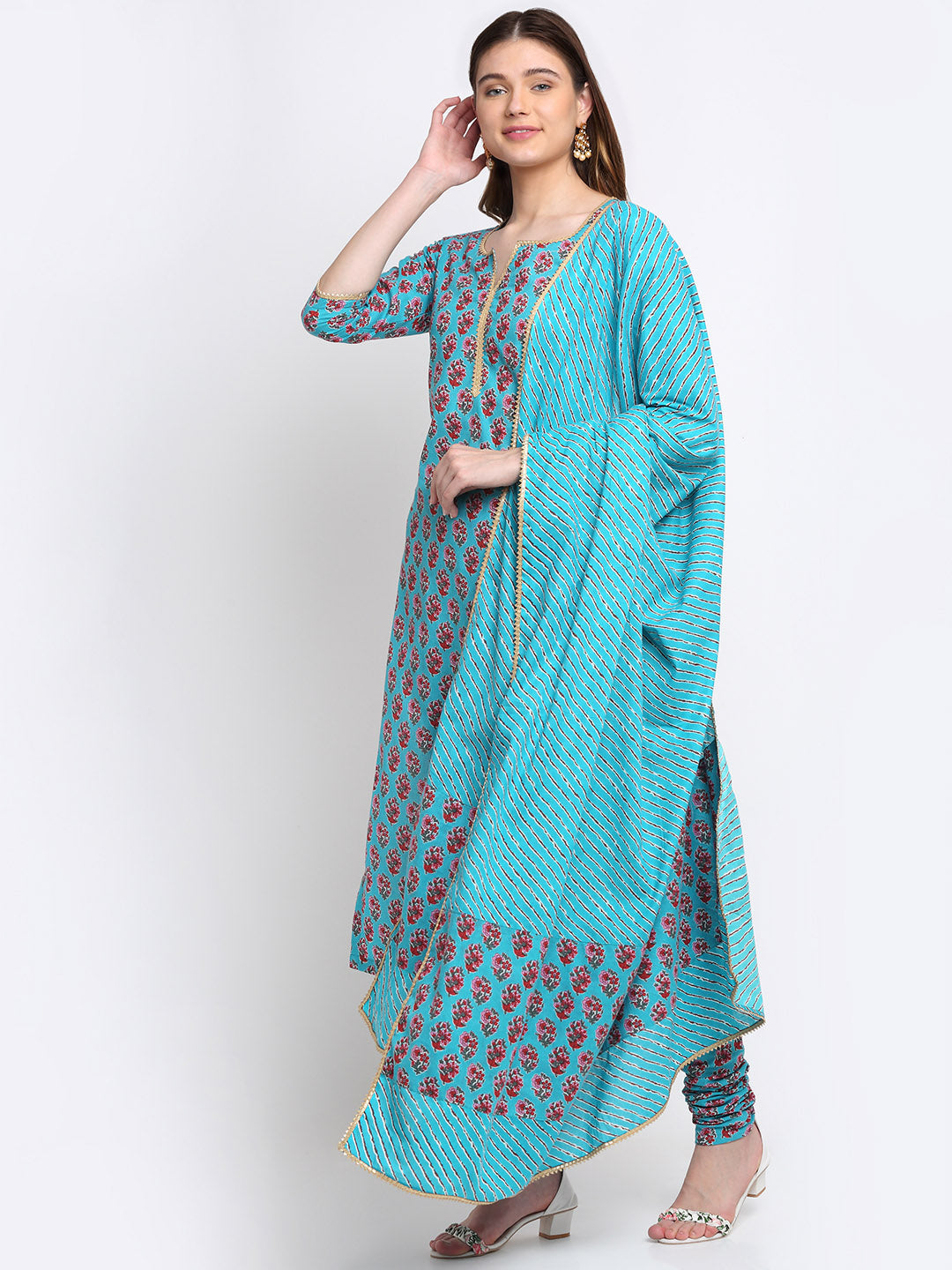 Deep Skies Firozi Floral Straight Kurti with Churidaar and Lehriya Dup ...
