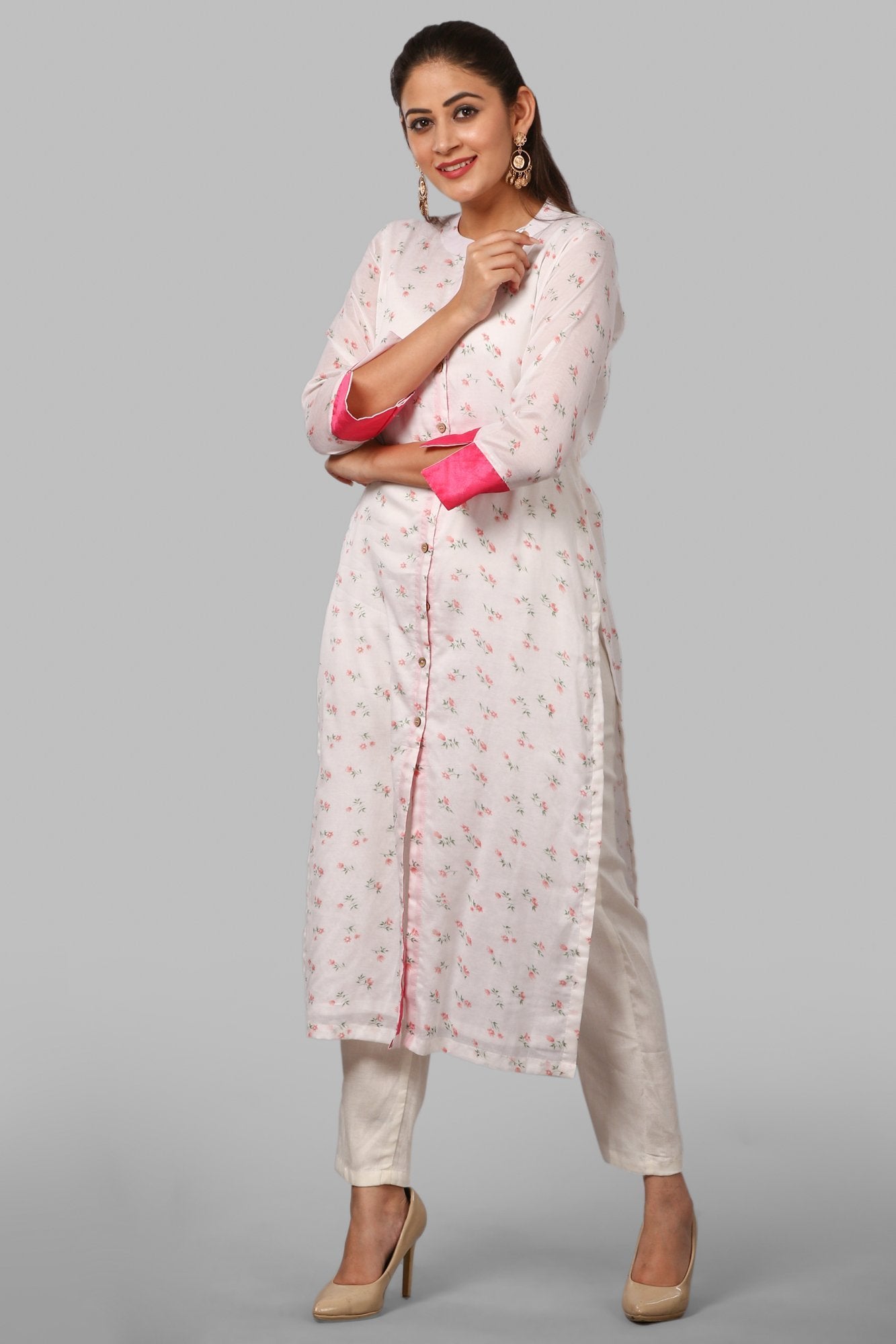 Off-White Peach Floral Kurti with Straight Pants – anokherang