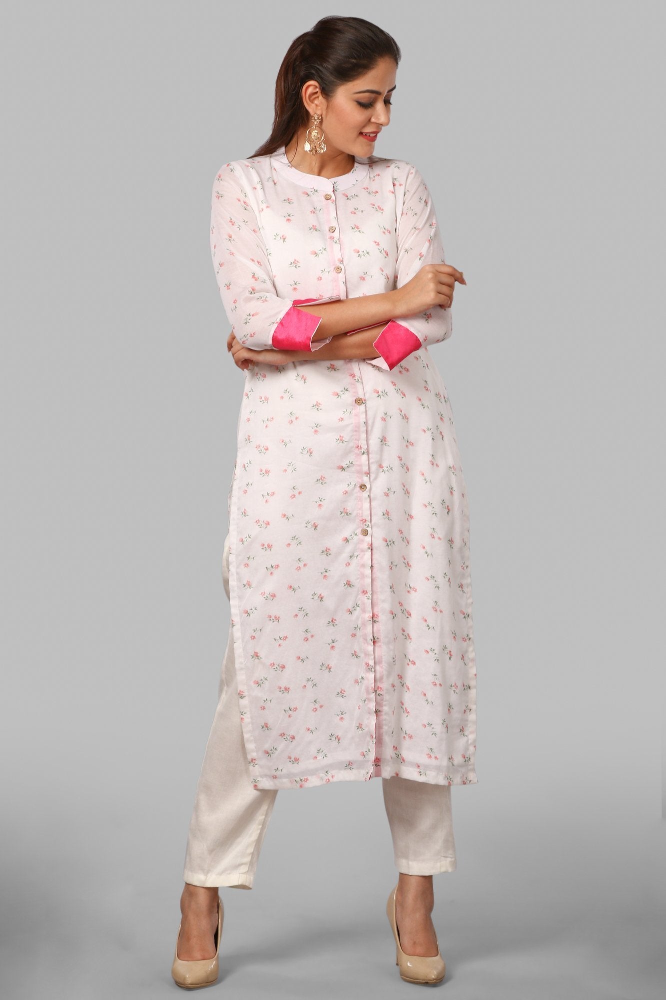 Off-White Peach Floral Kurti with Straight Pants – anokherang