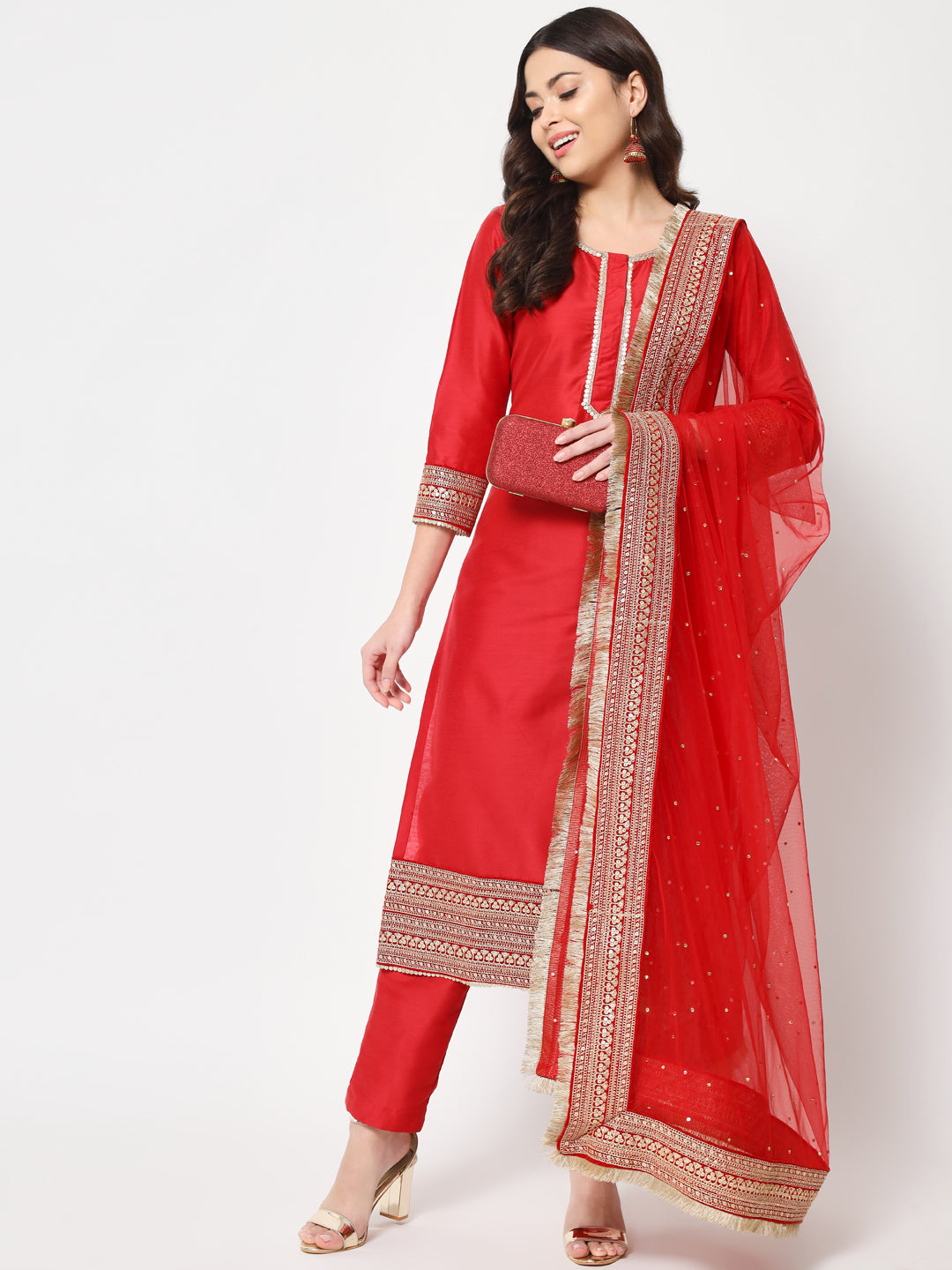 Traditional Bridal Red Embroidered Straight Kurti with Pants and Net S ...