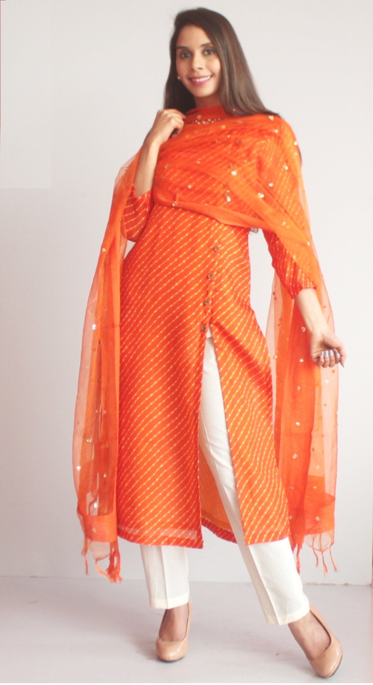 Orange Kota Leheriya Side Buttoned Kurti with Straight Pants and Orang ...