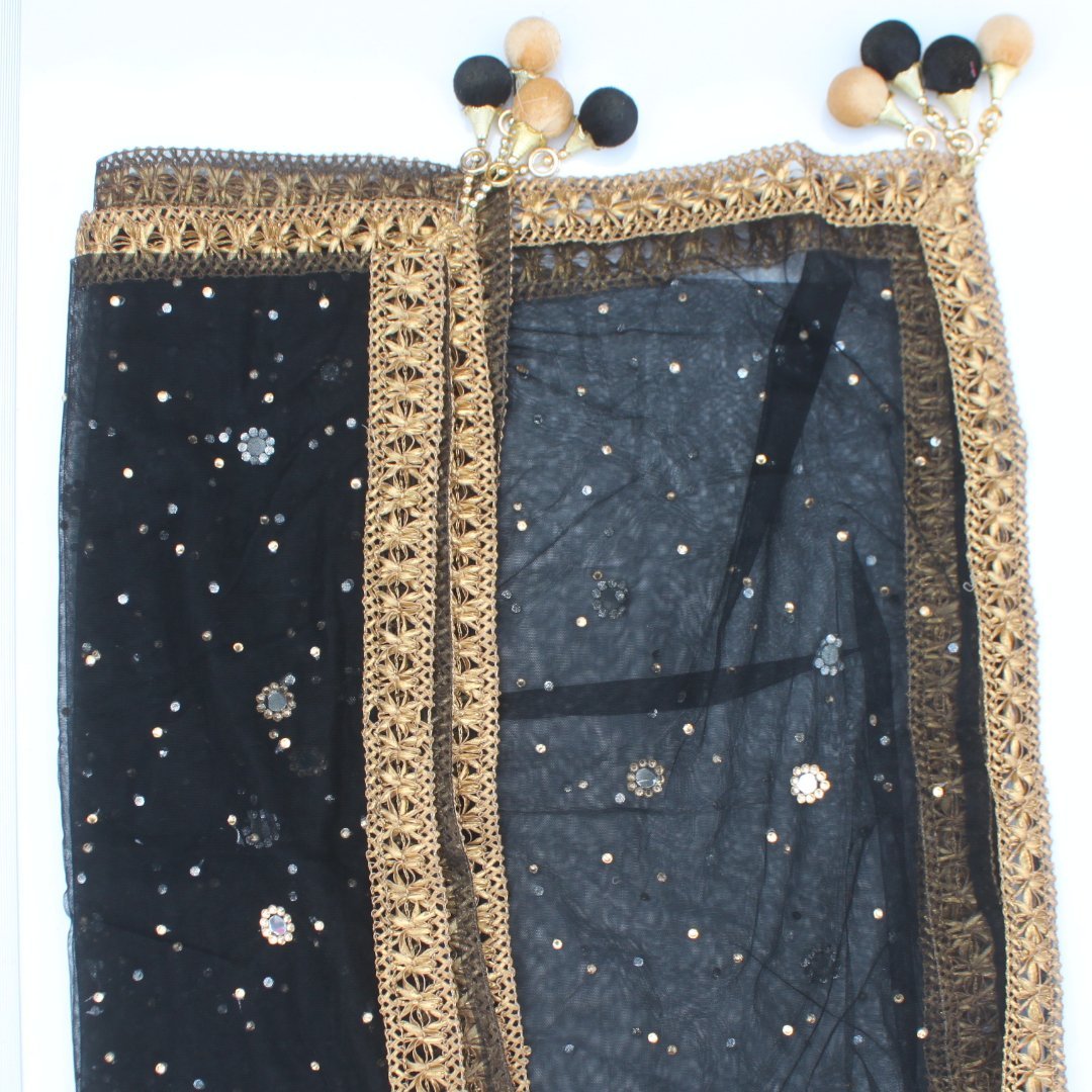 Black Net Gold and Mirror Dupatta – anokherang