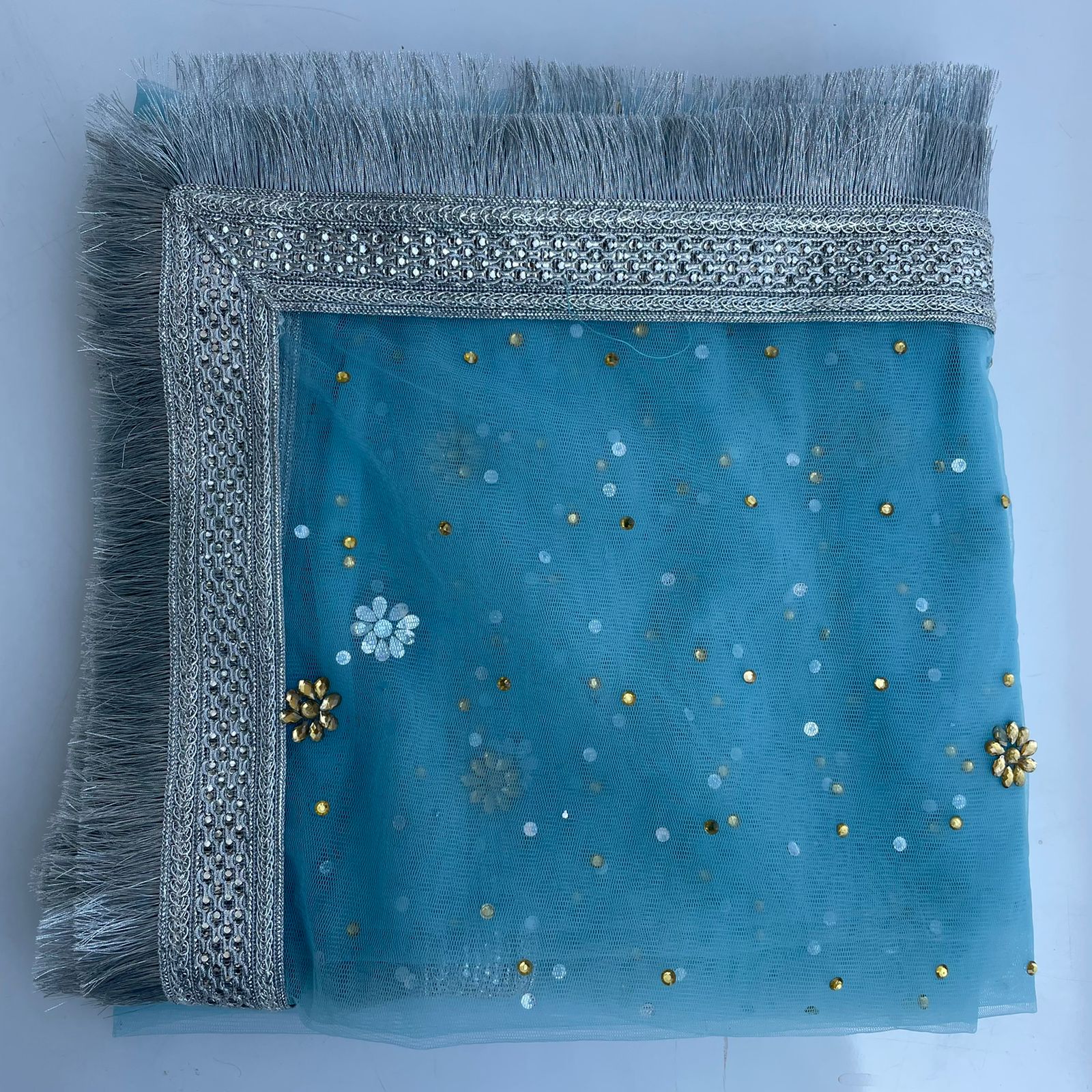 Bridal Blue Silver Stone Fringe Net Dupatta – anokherang