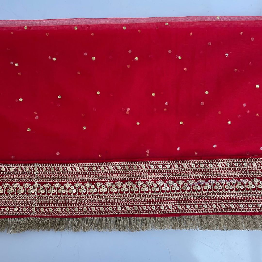 Bridal Queen Red Stone Embroidered Fringed Net Dupatta – anokherang