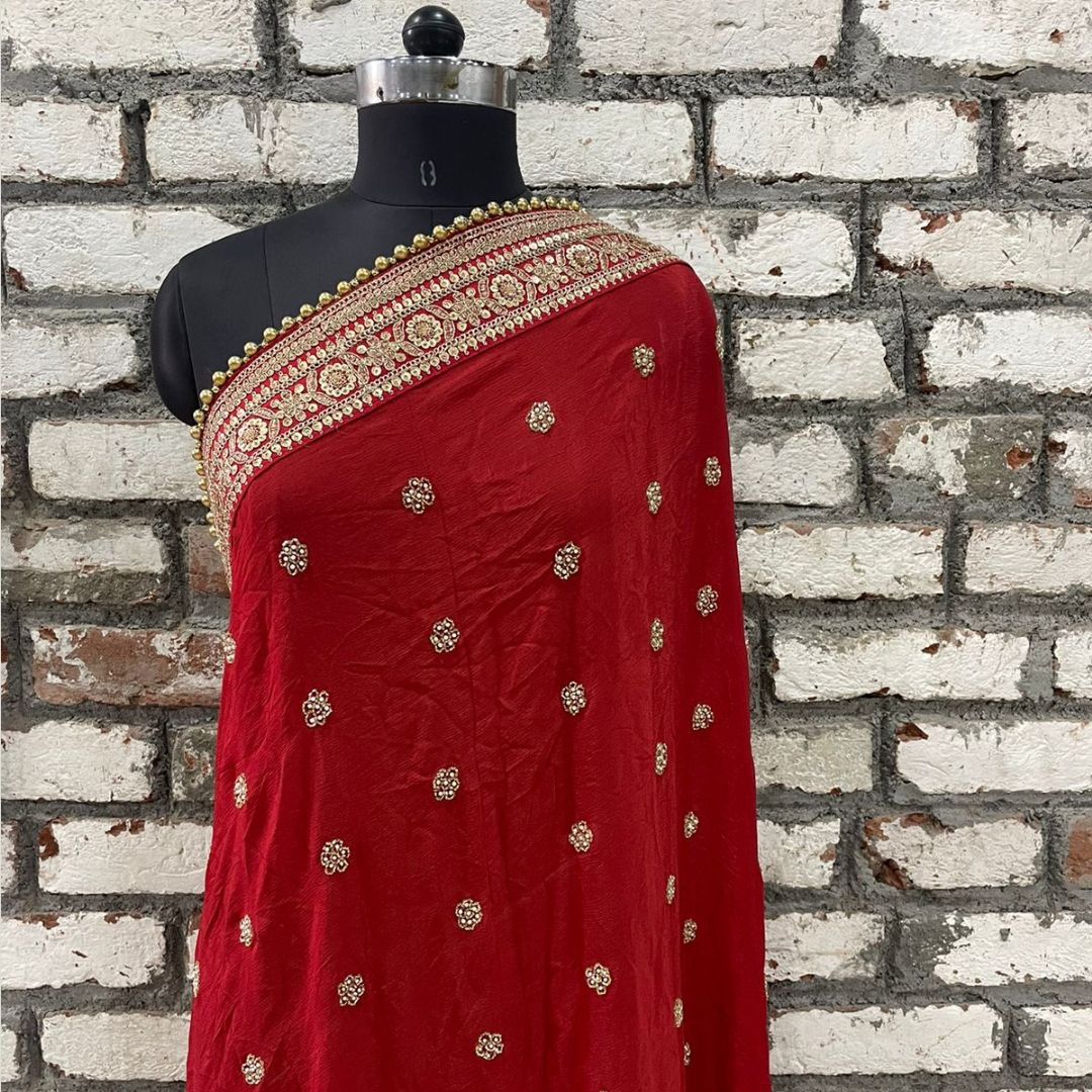 Bridal Red Pearl Stone Hand Embroidered Silk Dupatta – anokherang