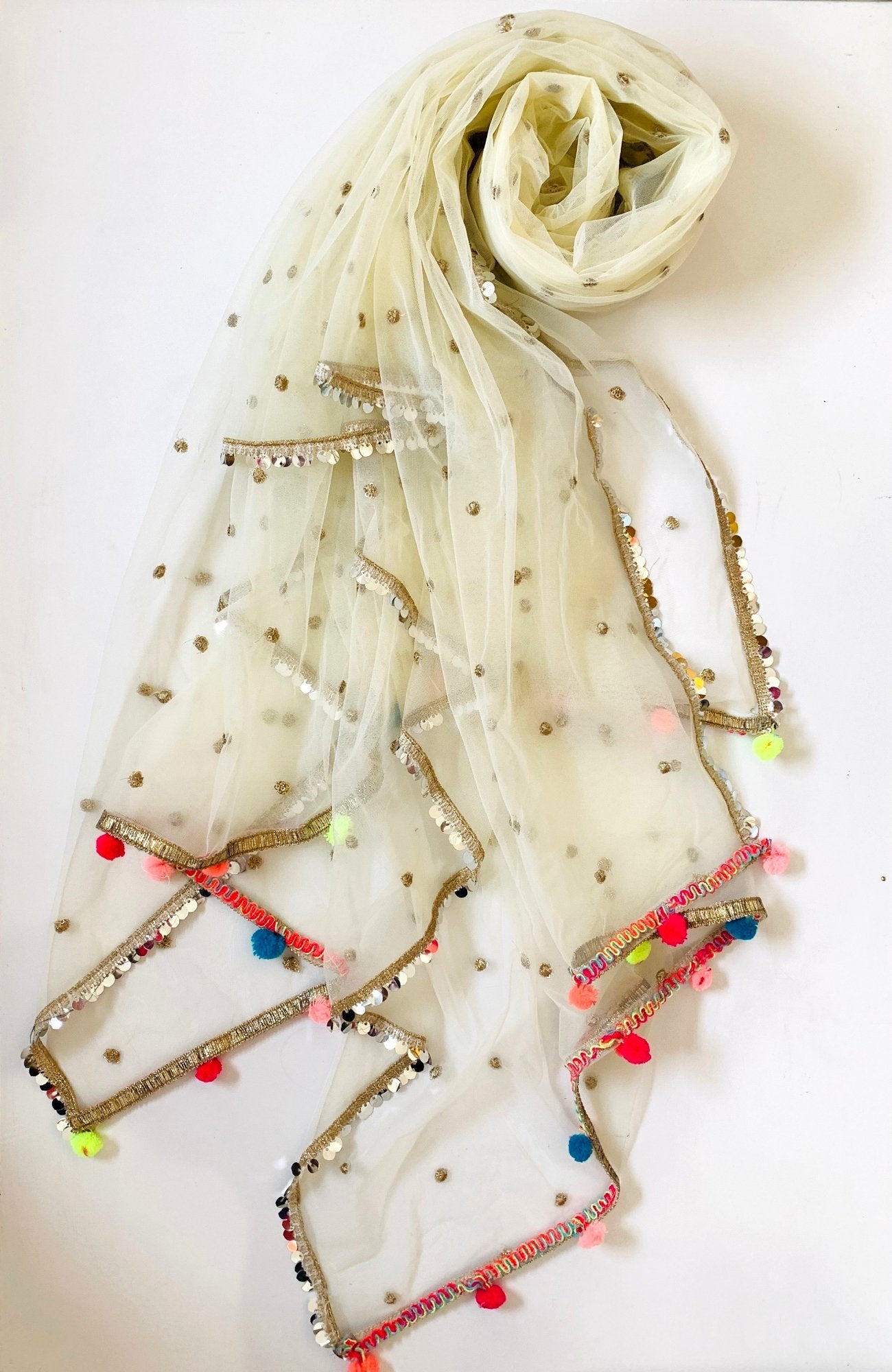 Ivory Net Sequins Colorful Jhilmil Dupatta – anokherang