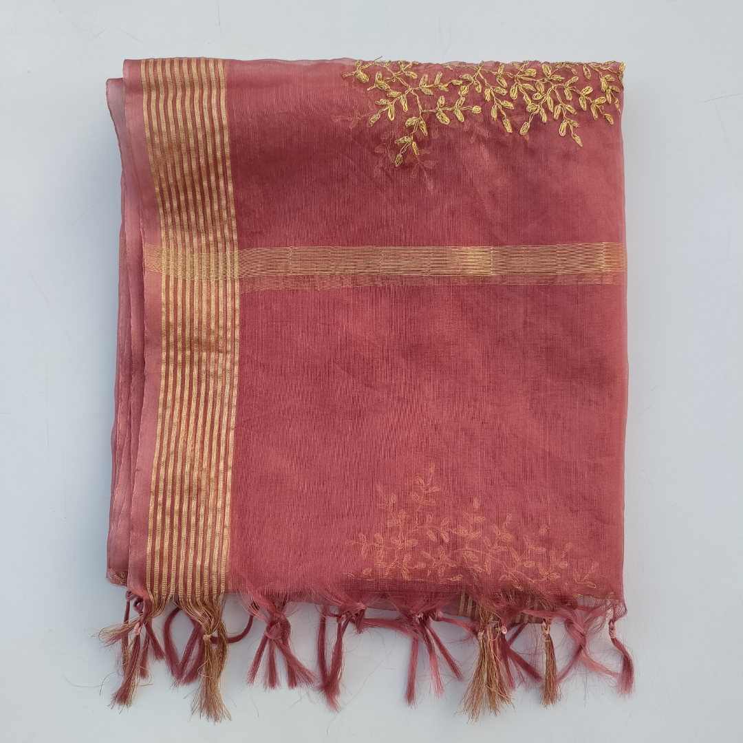 Onion Pink Festive Embroidered Organza Dupatta – anokherang
