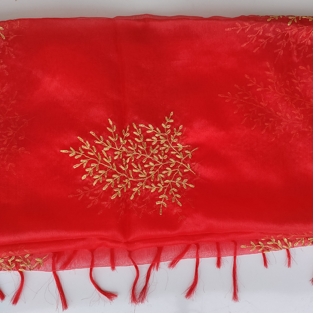 Red Festive Embroidered Organza Dupatta – anokherang