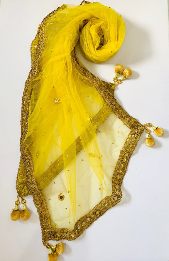 Sunshine Yellow Net Gold and Mirror Dupatta – anokherang