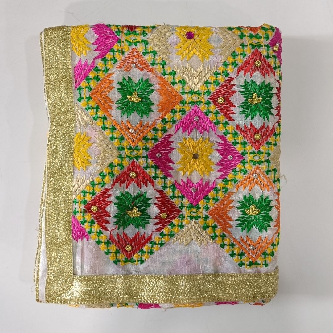 White MultiColor Stone Mirror Phulkari Dupatta – anokherang