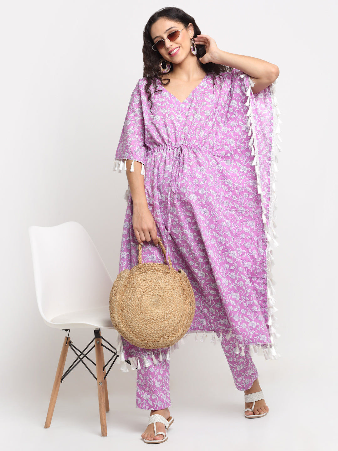 Aster Purple Printed Kaftan with Straight Pants – anokherang