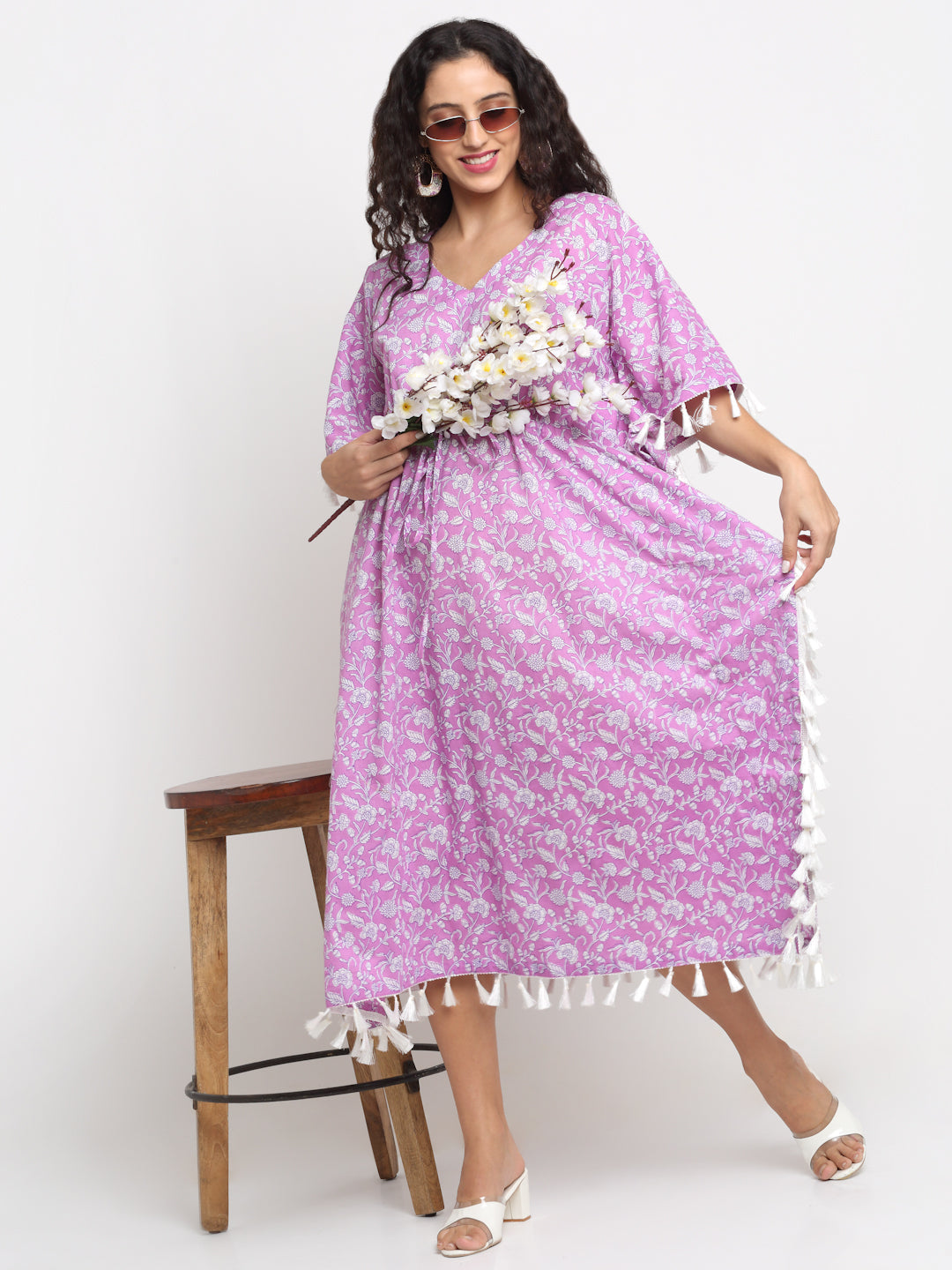 Aster Purple Printed Kaftan with Tassels – anokherang